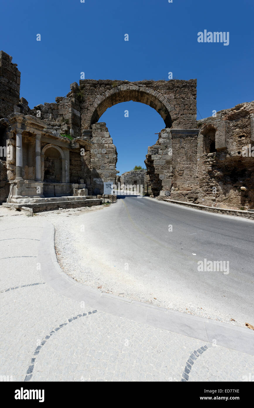 View of the monumental arched Roman gateway and nymphaeum fountain ...