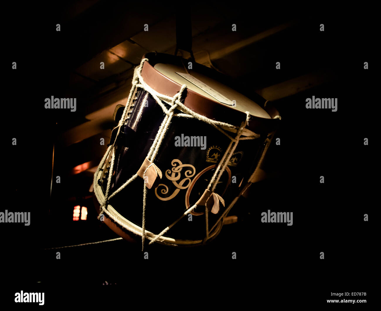 A drum used by a Royal Marine to signal the sighting the enemy, hung on ...