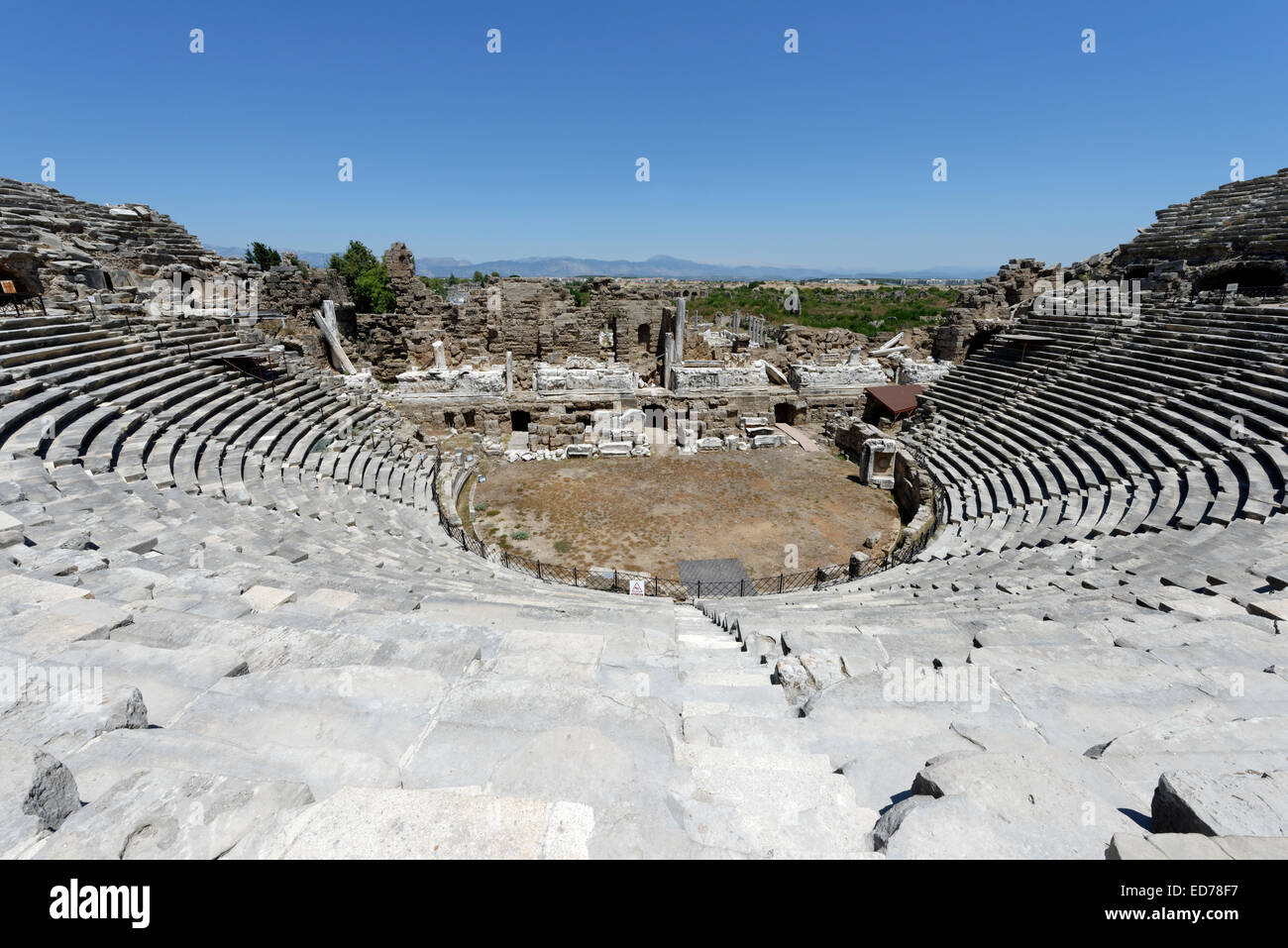 View of the 2nd century ancient Roman theatre. Side. Antalya. Turkey ...
