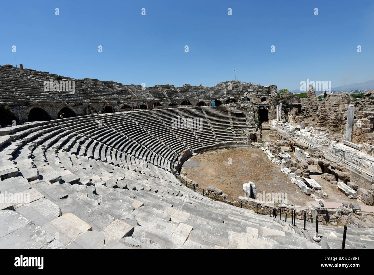 View of the 2nd century ancient Roman theatre. Side. Antalya. Turkey ...