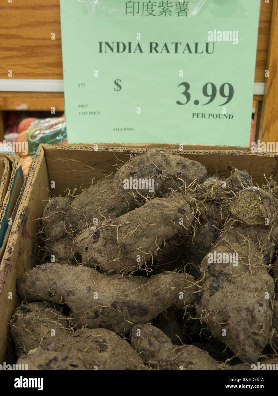 Indian vegetable ratalu in piles at an Asian market in Albany, New York ...