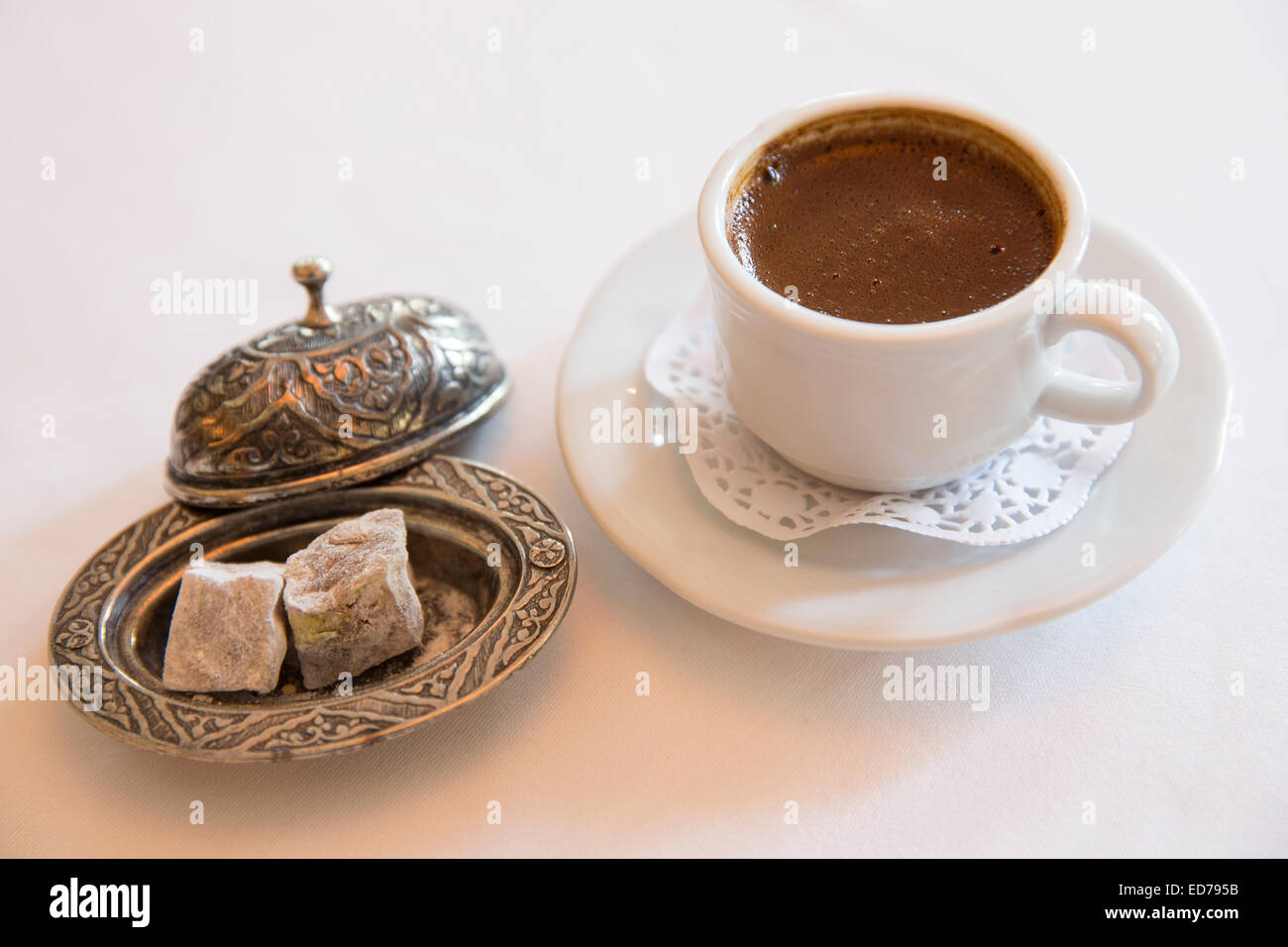 Turkish coffee and lokum, Turkish delight sweets, in Restaurant Asitane ...