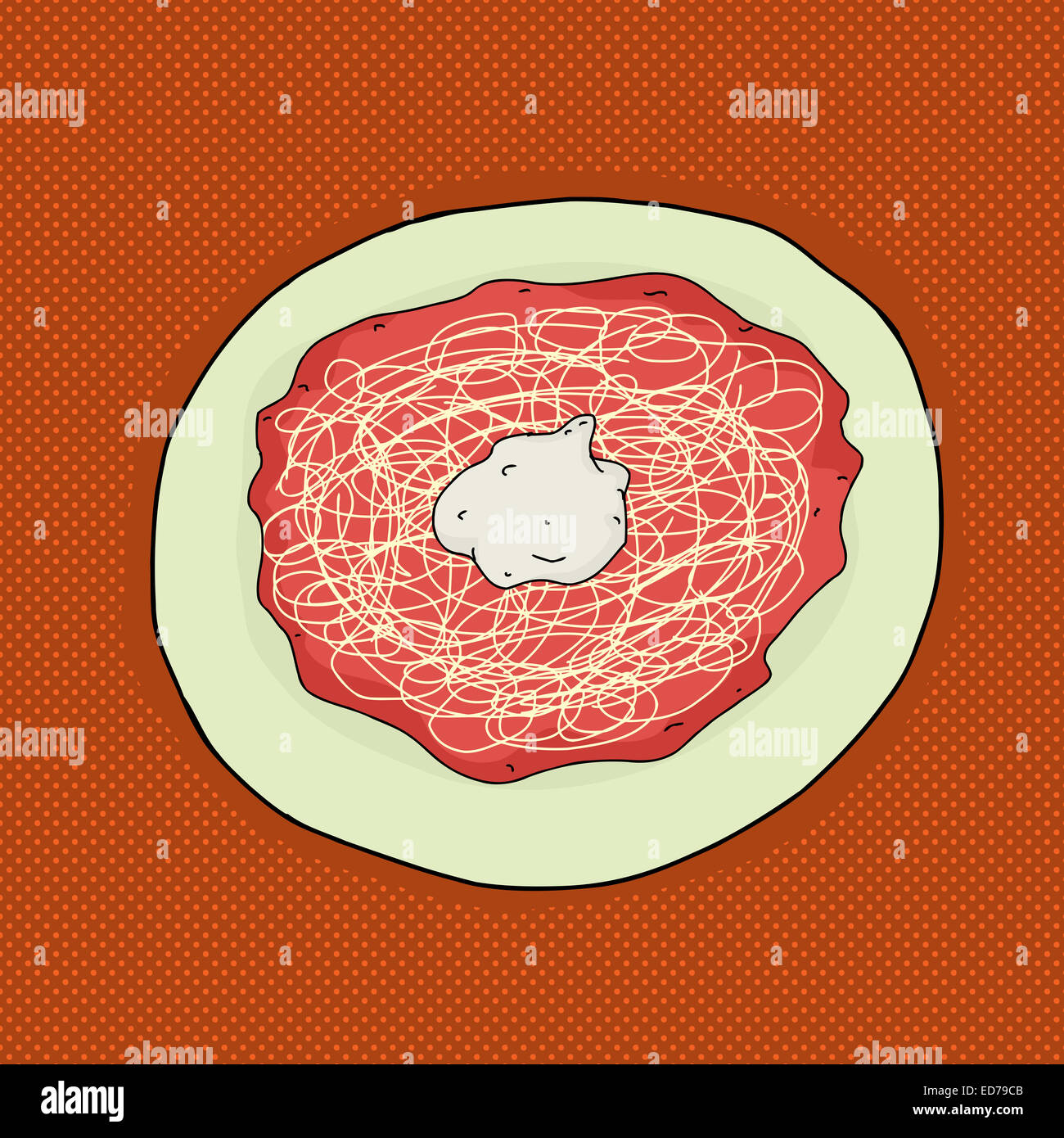 Cartoon plate of spaghetti with sour cream on top Stock Photo - Alamy
