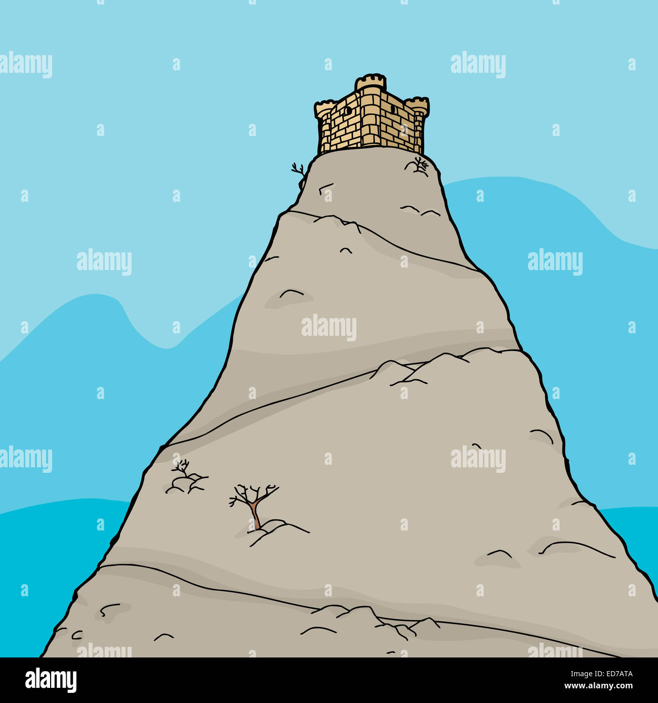 Cartoon of single castle on top of tall mountain Stock Photo - Alamy