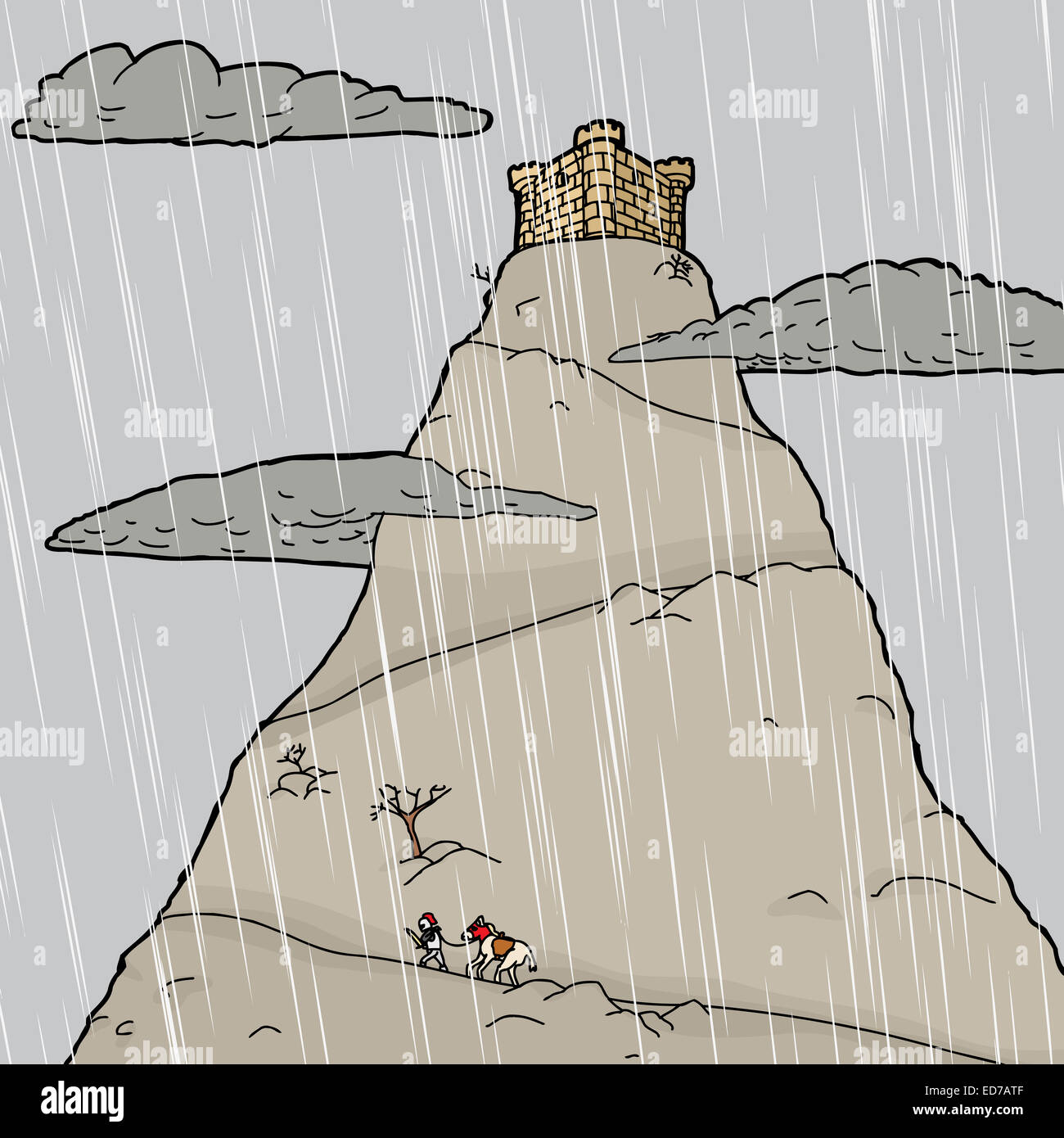 Knight with horse traveling to castle in rain Stock Photo - Alamy