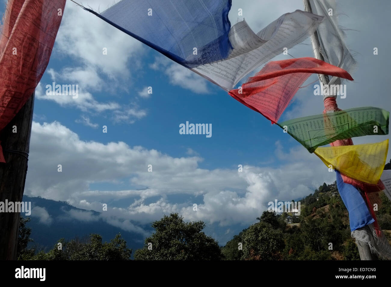 Tibetan Lung ta prayer flags in Droshung Gompa area near Trongsa in ...