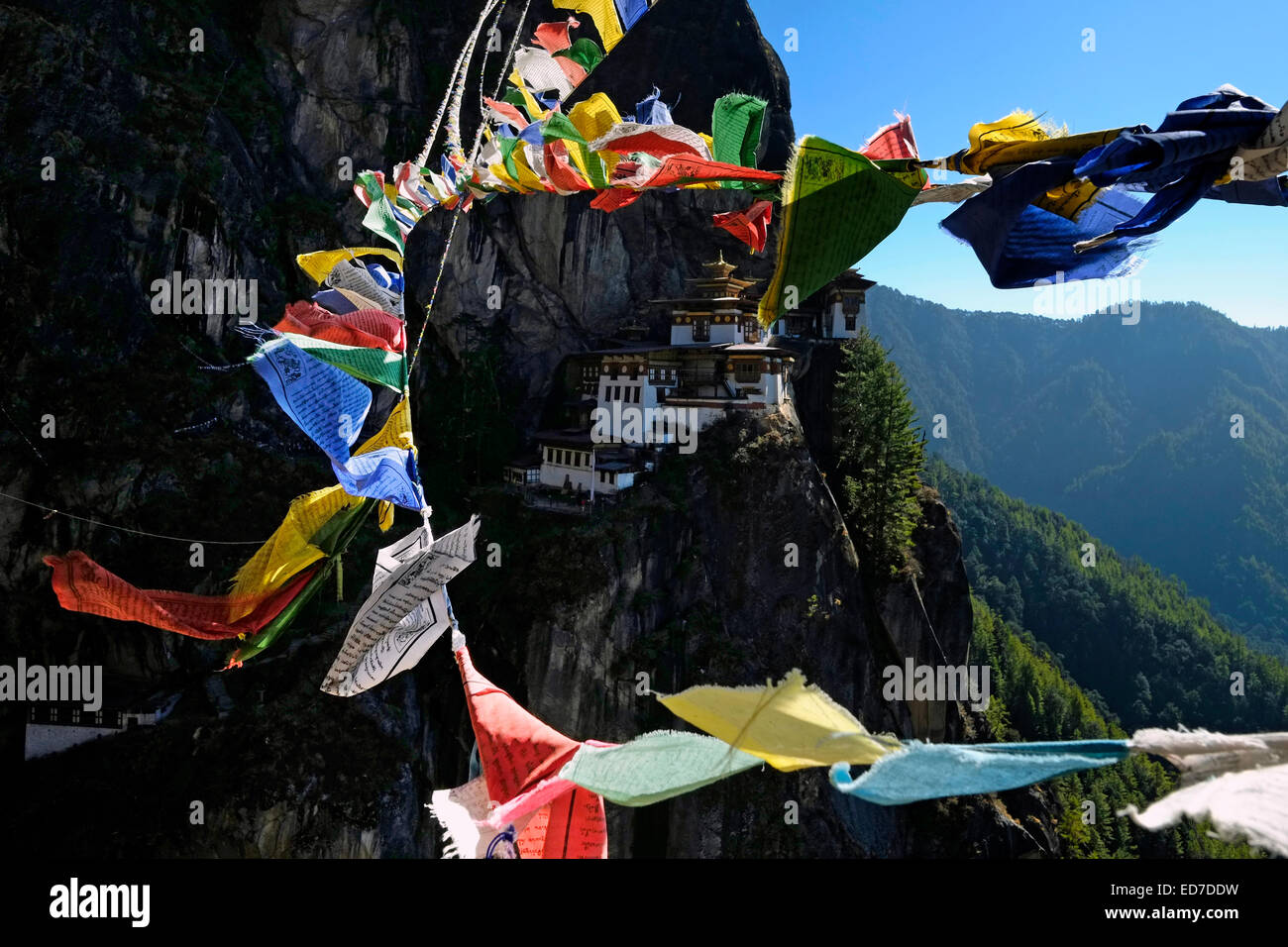 View across Lung Ta Tibetan Buddhist Prayer Flags of Paro Taktsang also ...