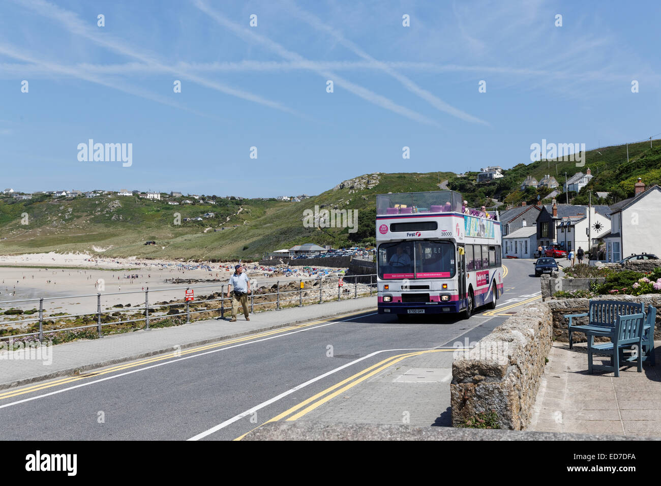 Bus service 300 arrives in Sennen Cove, Cornwall, UK Stock Photo - Alamy