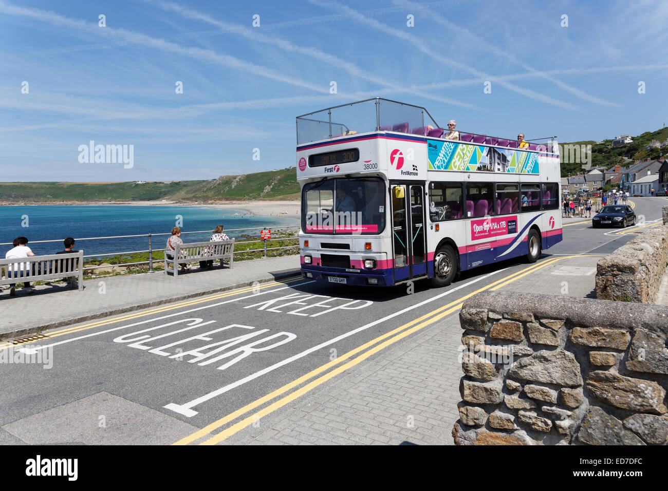 Bus service 300 arrives in Sennen Cove, Cornwall, UK Stock Photo - Alamy