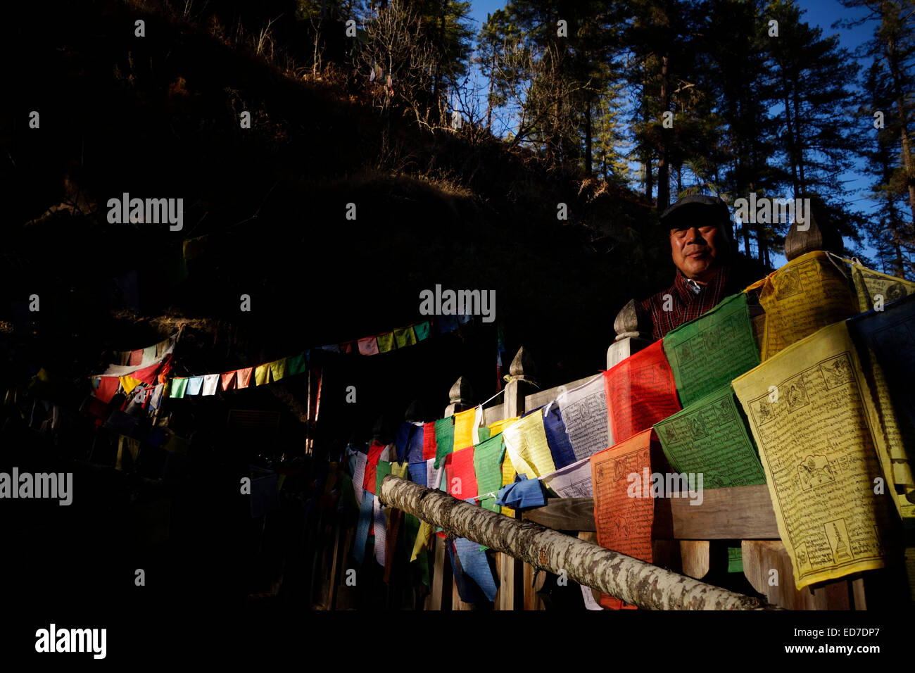A local man amid Lung Ta Tibetan traditional prayer flags hanging Mebar ...