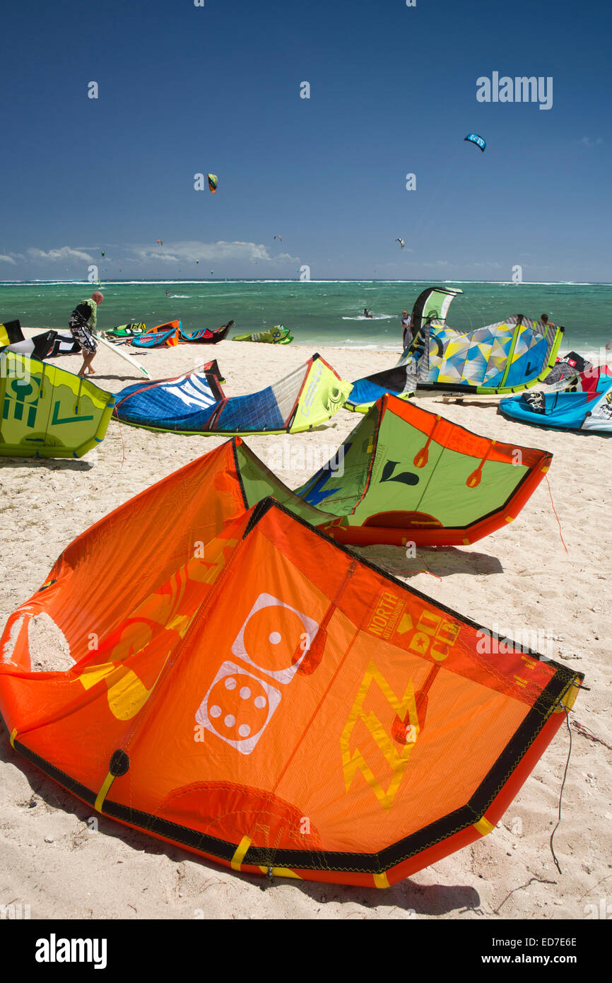 Mauritius, Le Morne, Kite surfing kites on beach Stock Photo - Alamy