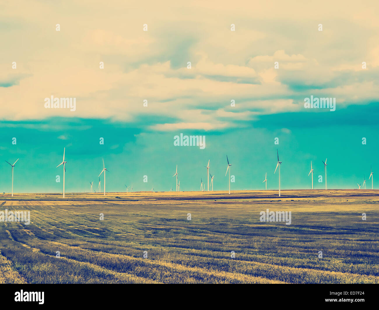 Retro Photo Of Wind Mills Landscape Producing Clean Energy Stock Photo ...