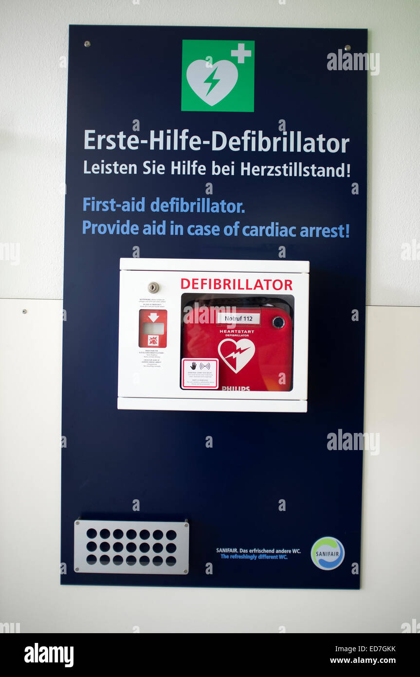 First-aid defibrillator at a motorway service station in Germany Stock ...