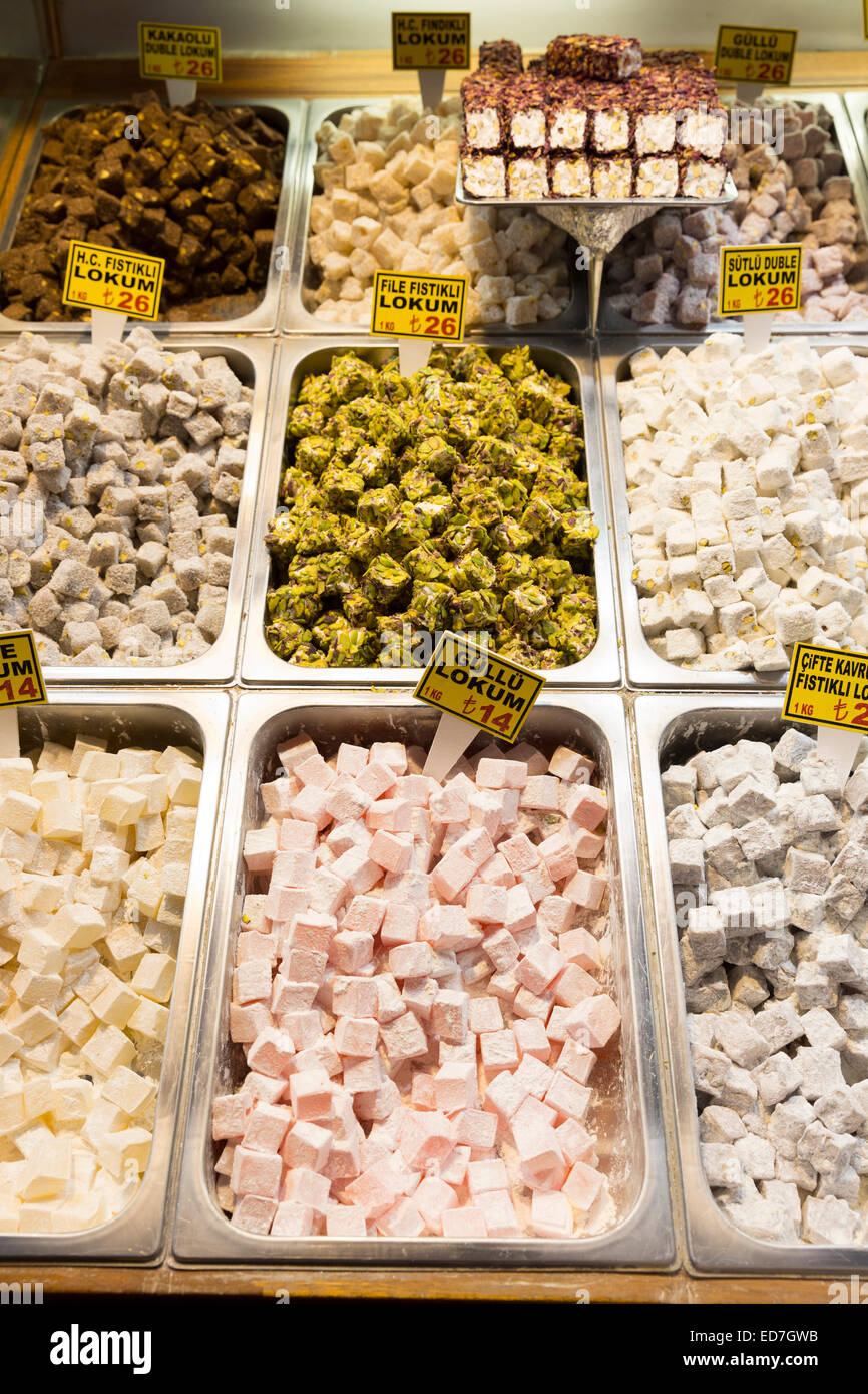 Traditional sweetsmeats Turkish Delight, Lokum, in Misir Carsisi ...