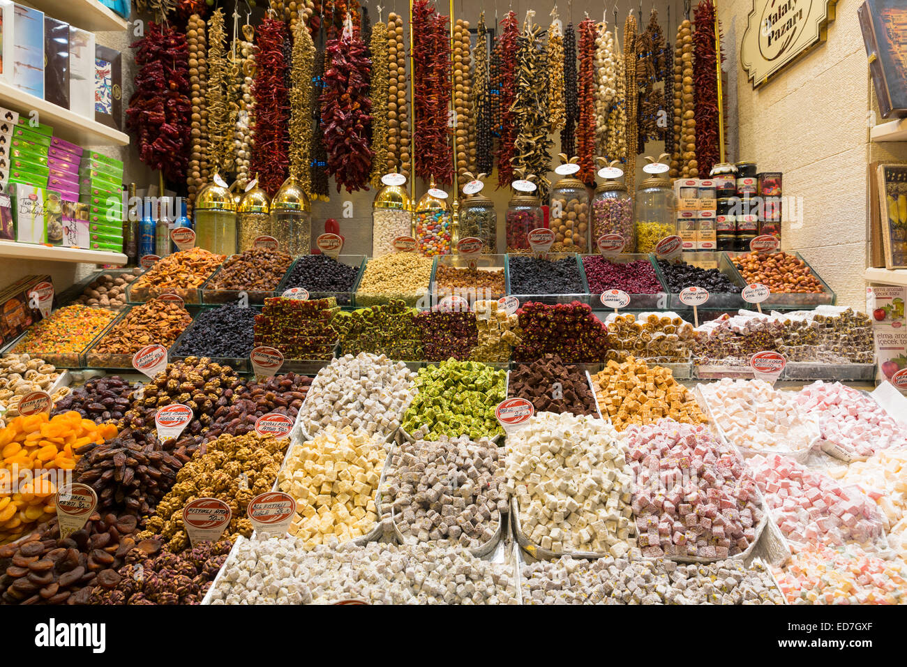 Traditional sweetmeats Turkish Delight, Lokum, dates, nuts in Misir ...