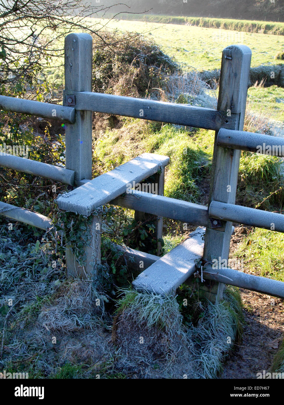 Frost covered wooden stile, Cornwall, UK Stock Photo - Alamy