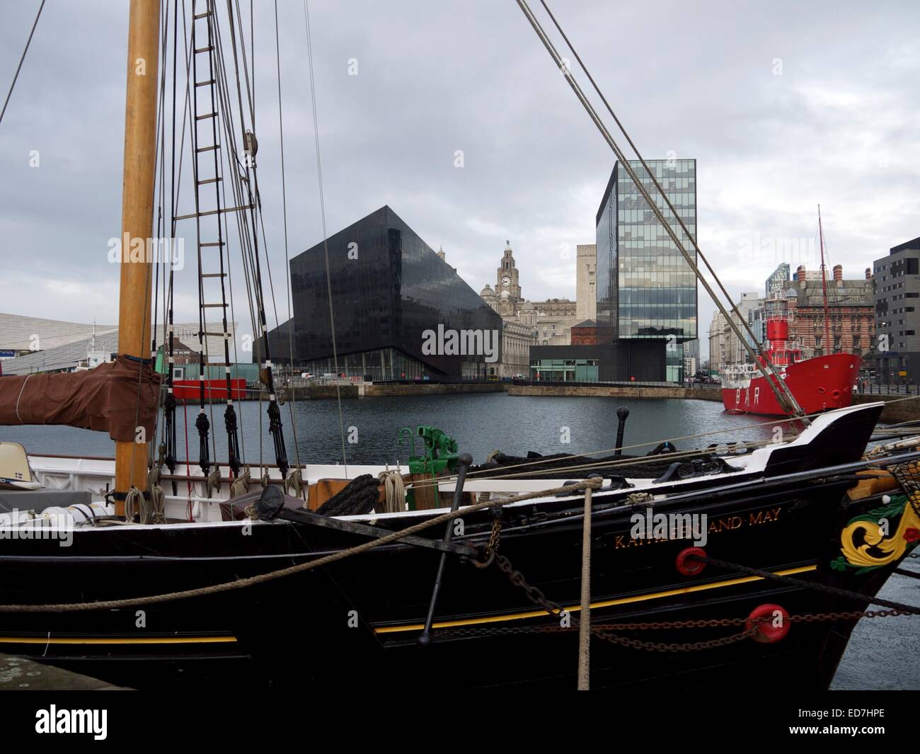 Old ship docked in Liverpool with the Liver building in the background ...