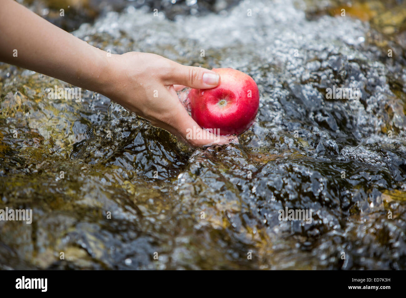 Washing an apple in the clear mountain stream Stock Photo - Alamy