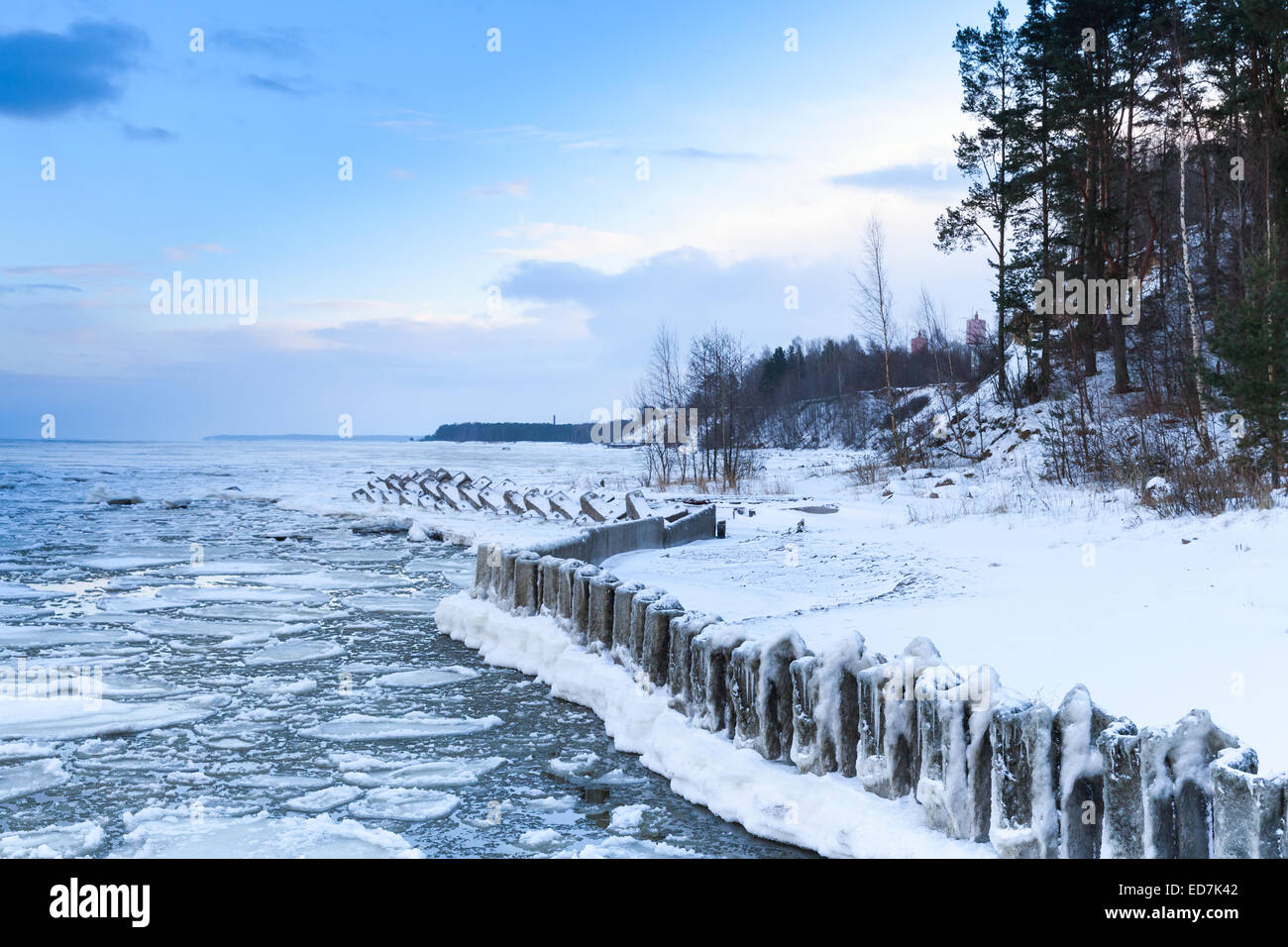 Winter coastal landscape with floating ice and frozen pier. Gulf of ...