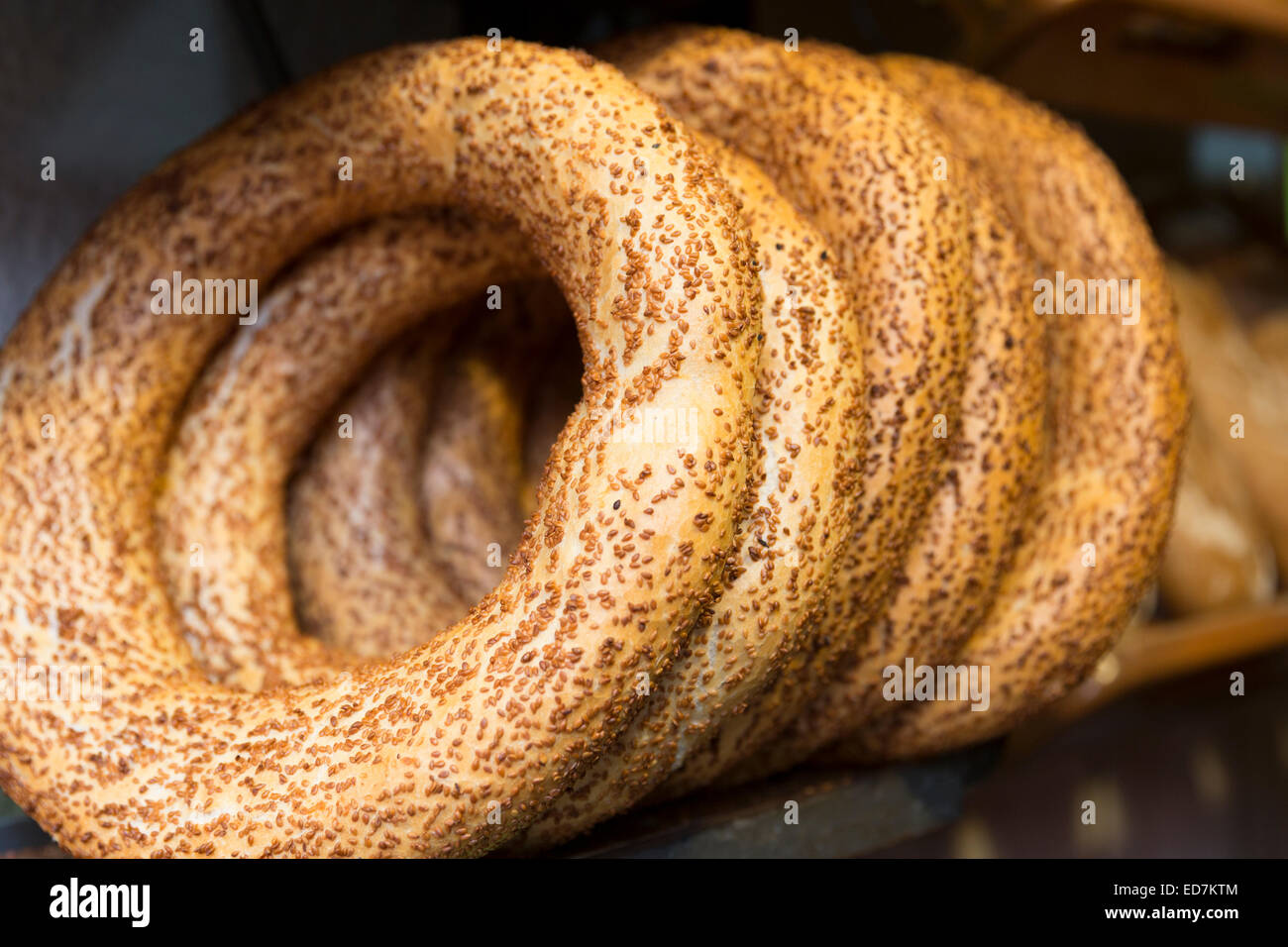 Traditional bread simit Turkish sesame seed bread rings in food market ...