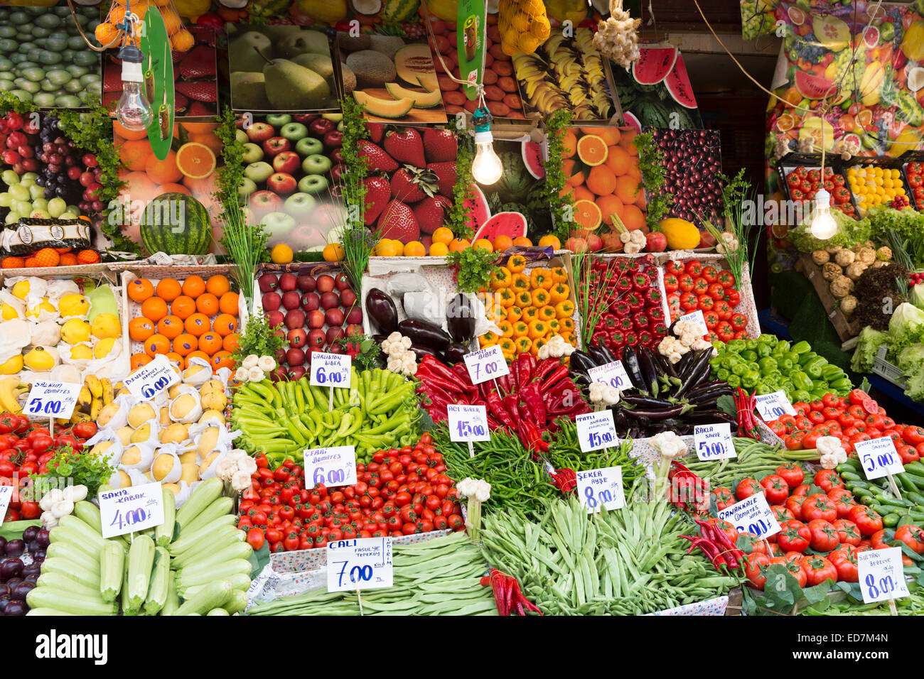 Fresh fruit vegetables tomato pimento oranges courgettes beans Turkish ...