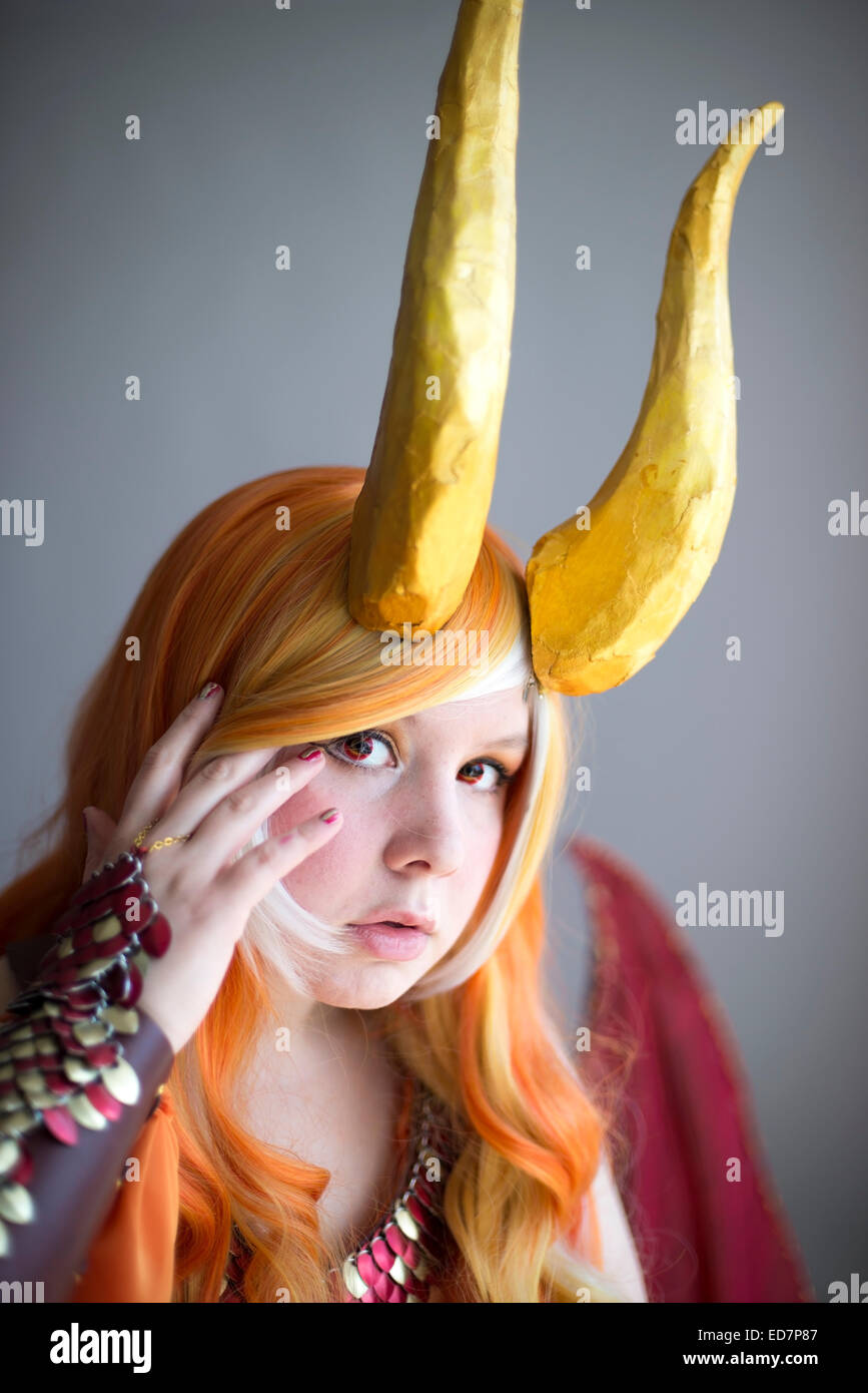 Female cosplay character with horns Stock Photo - Alamy