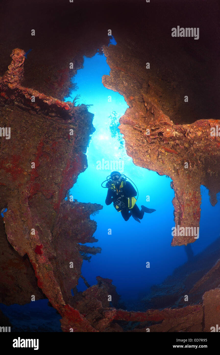 Diver on swims in the hold of the shipwreck "SS Dunraven", Red Sea ...