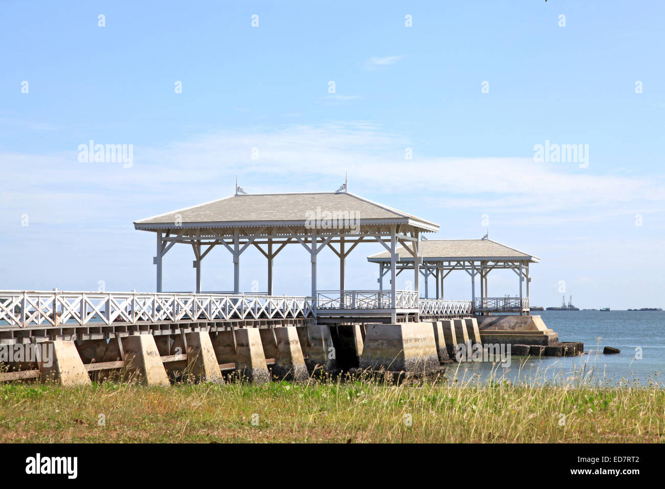 wooden jetty walkway with royal pavillion to the sea at Srichang Island ...