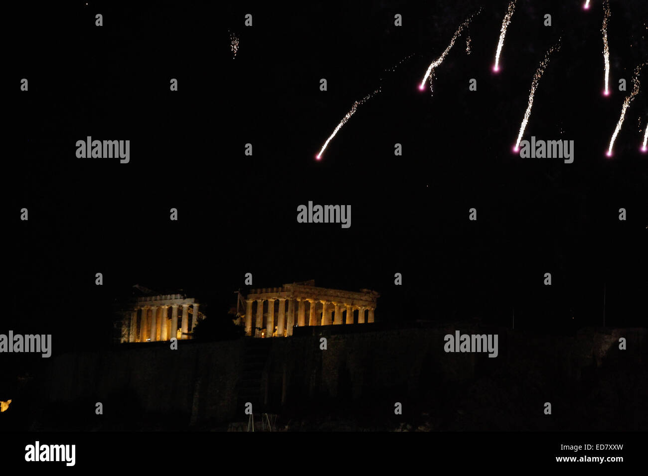 Athens, GREECE. 1st Jan, 2015. Fireworks explode over Acropolis during ...