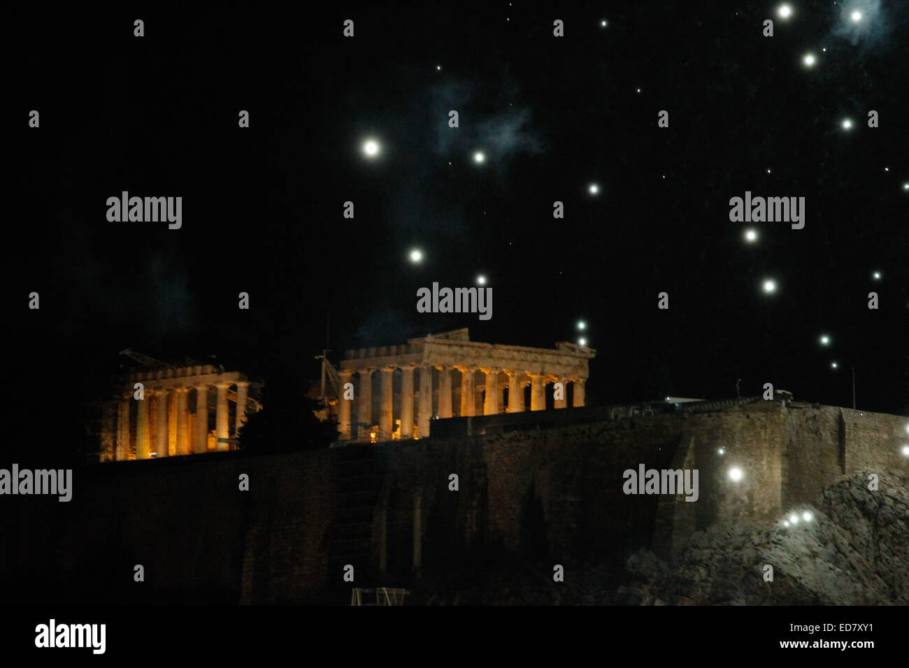 Athens, GREECE. 1st Jan, 2015. Fireworks explode over Acropolis during ...
