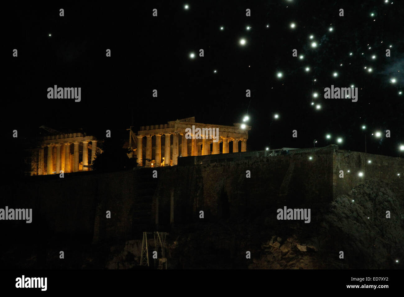 Athens, GREECE. 1st Jan, 2015. Fireworks explode over Acropolis during ...