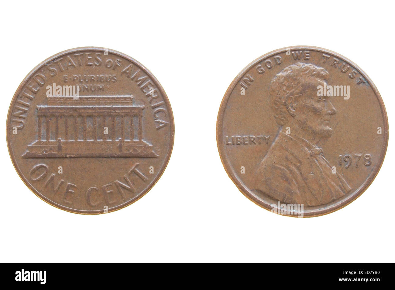 One Dollar Cent coin isolated over a white background - front and rear ...