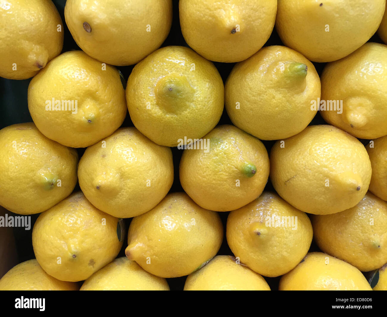 Fresh lemons stacked at a farmers market are fresh, ripe and ready to ...