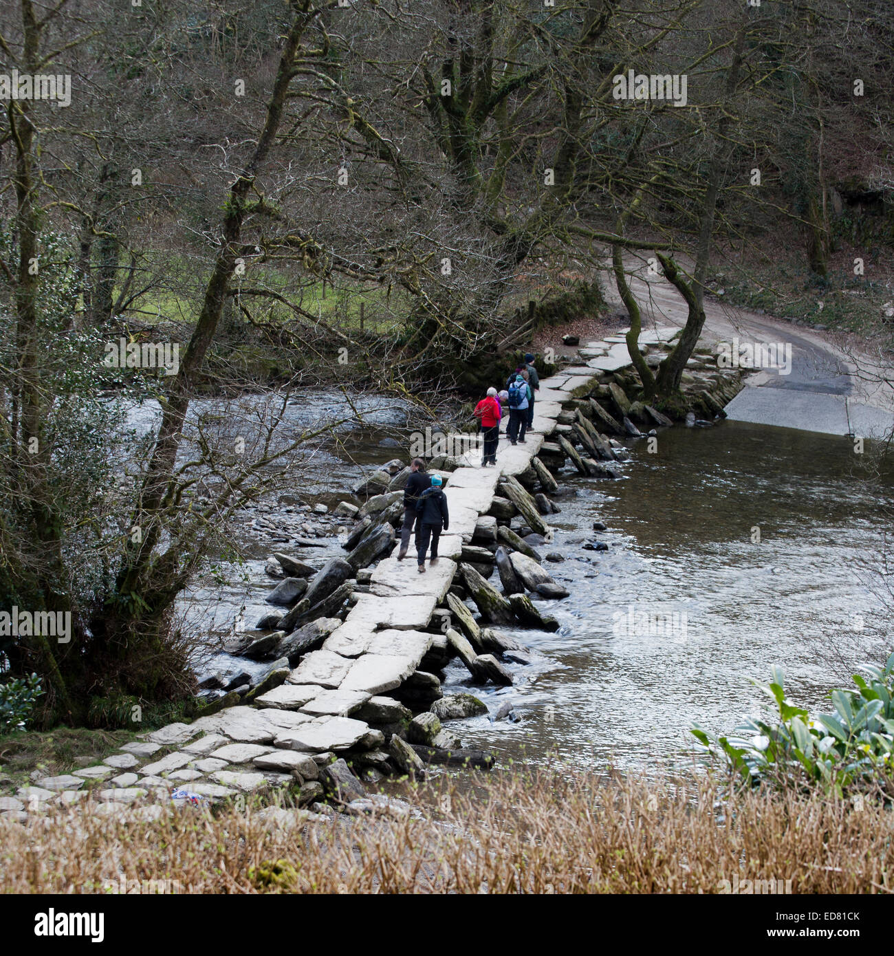Tarr Steps, an ancient clapper bridge across the River Barle in the ...