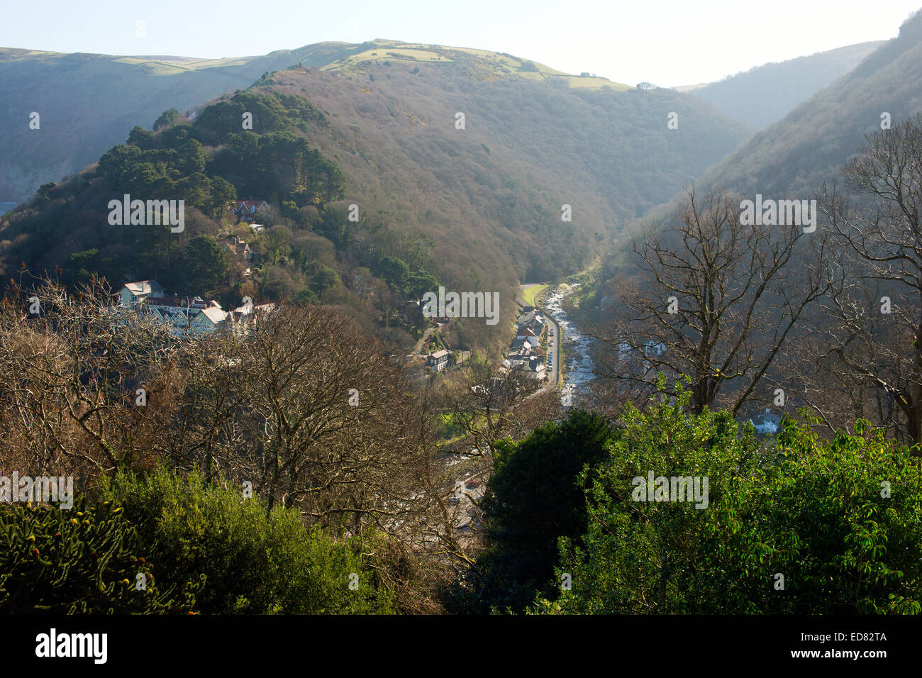 View down to the East Lyn River and Lynmouth, an early Spring morning ...