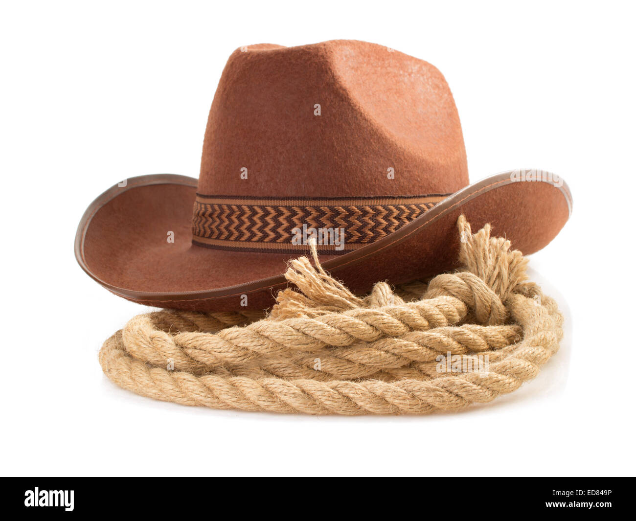 brown cowboy hat and rope isolated on white background Stock Photo - Alamy