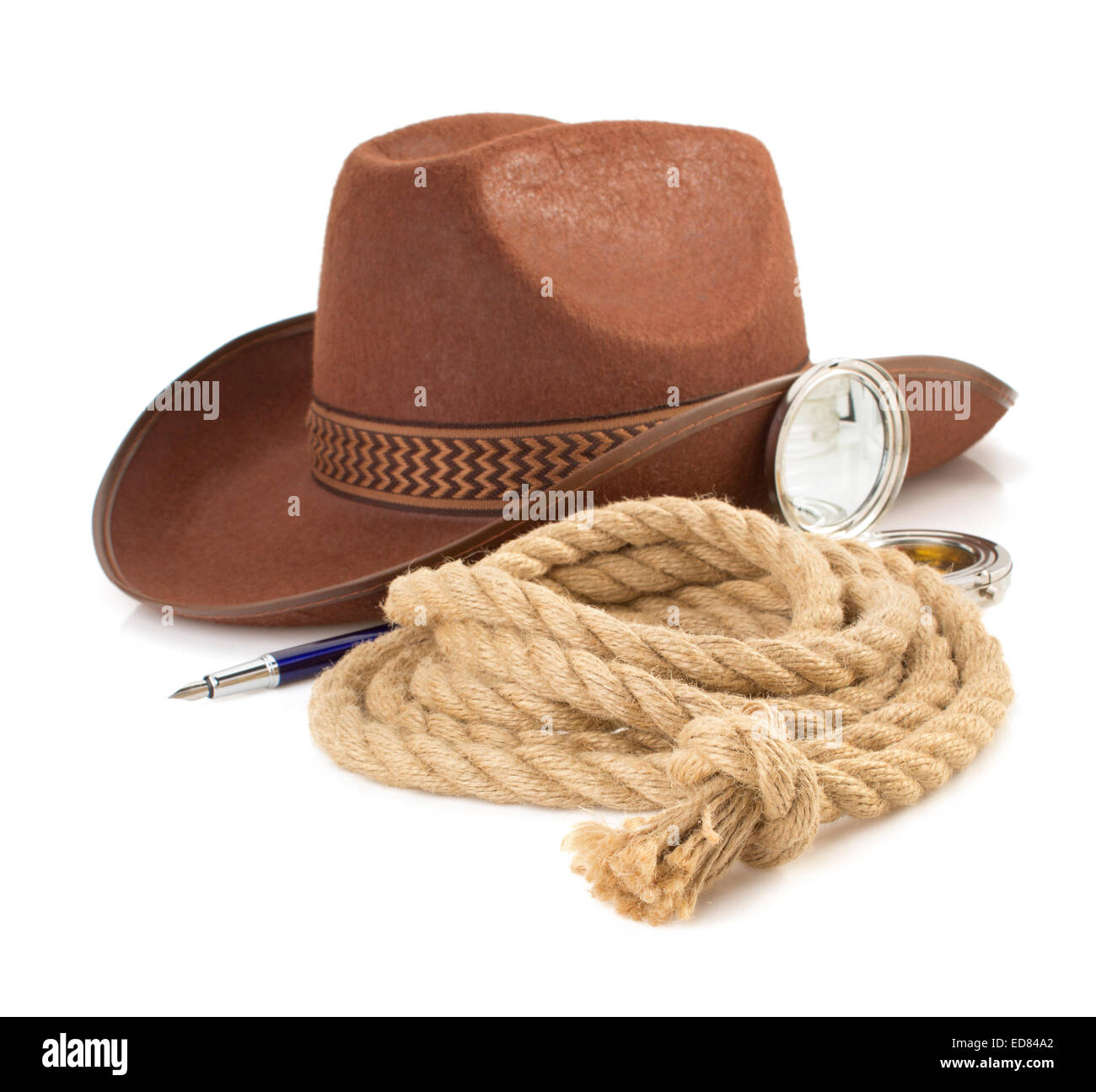 brown cowboy hat and rope isolated on white background Stock Photo - Alamy