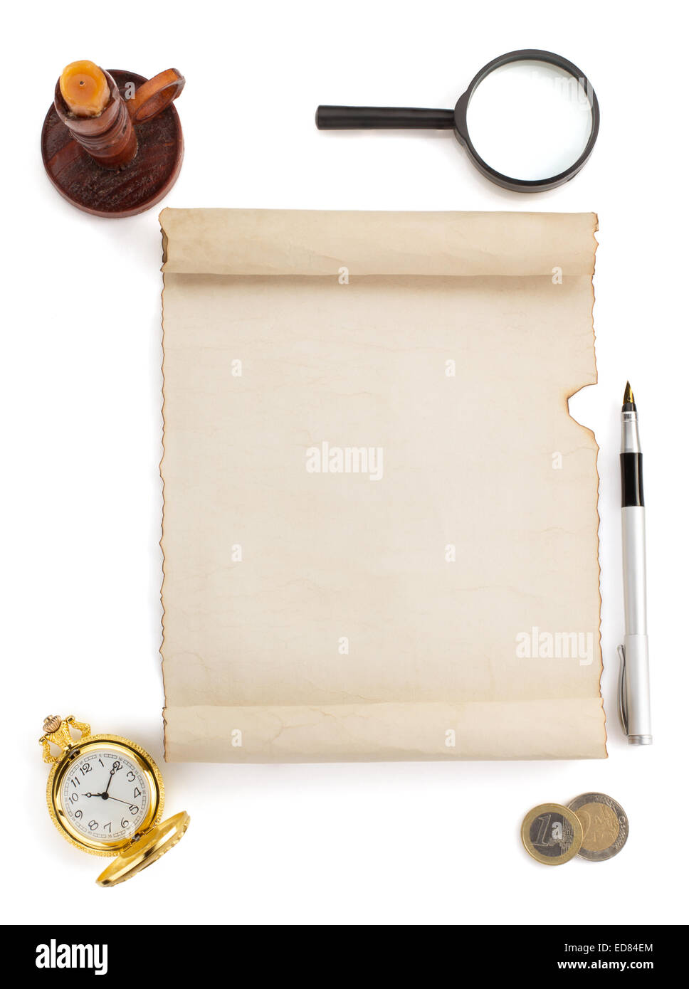 parchment scroll and supplies isolated on white background Stock Photo ...