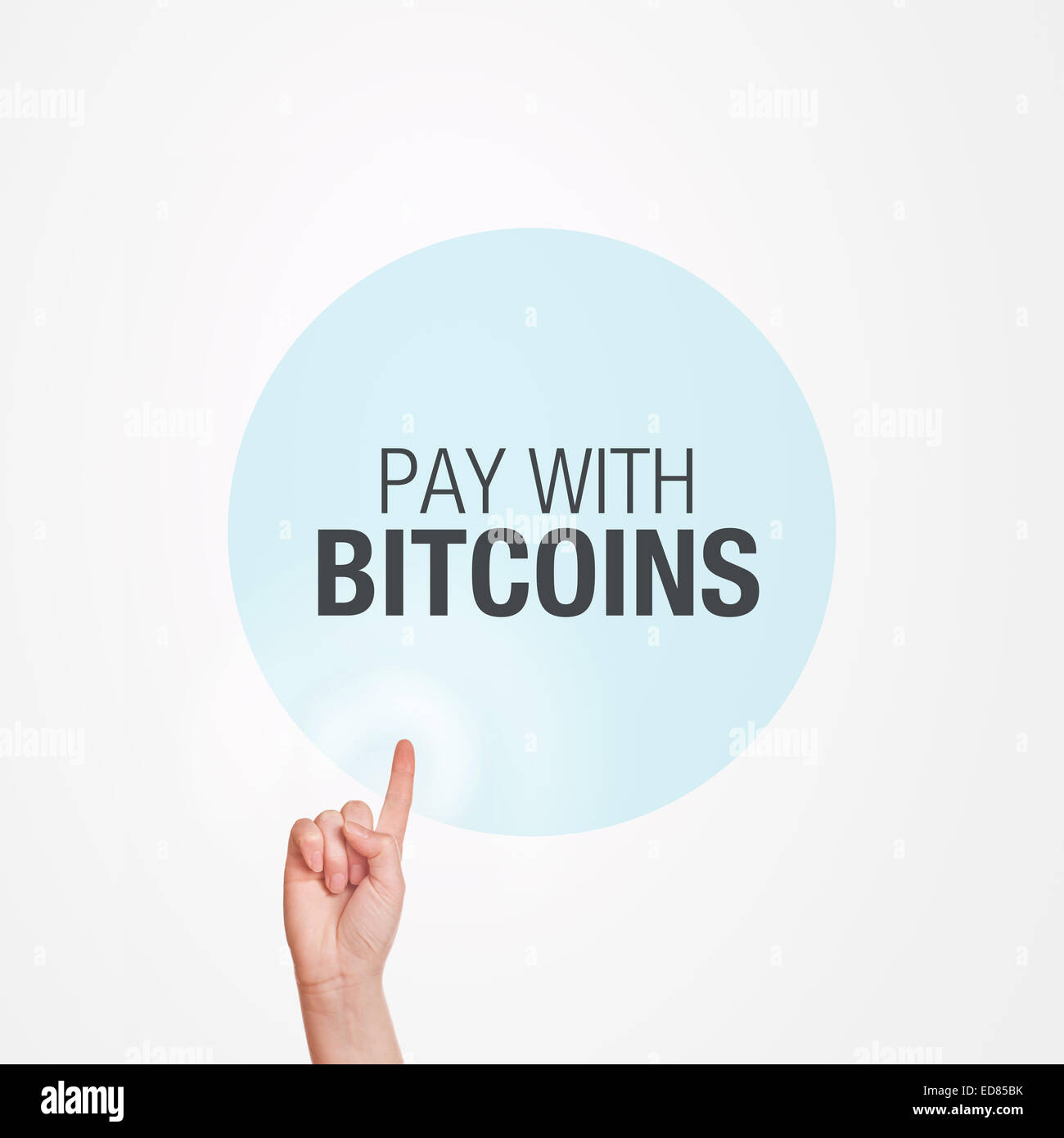 Pay With Bitcoins Concept, finger pushing circular touchscreen button ...