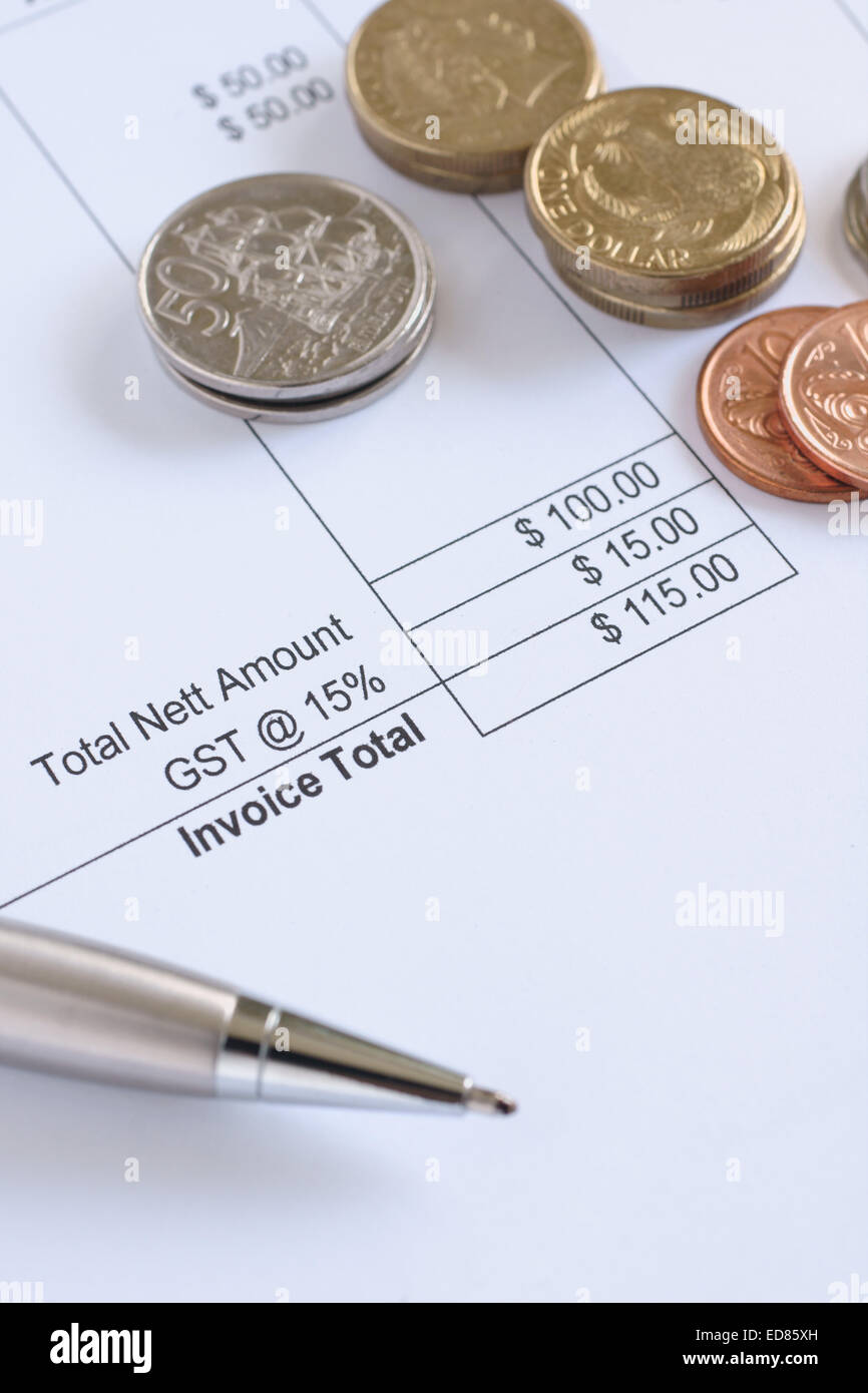 New Zealand GST or Goods and Service Tax invoice with New Zealand coins ...