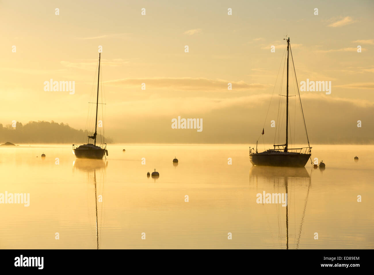 Sailing boats on Lake Windermere, Lake District at sunrise in misty ...