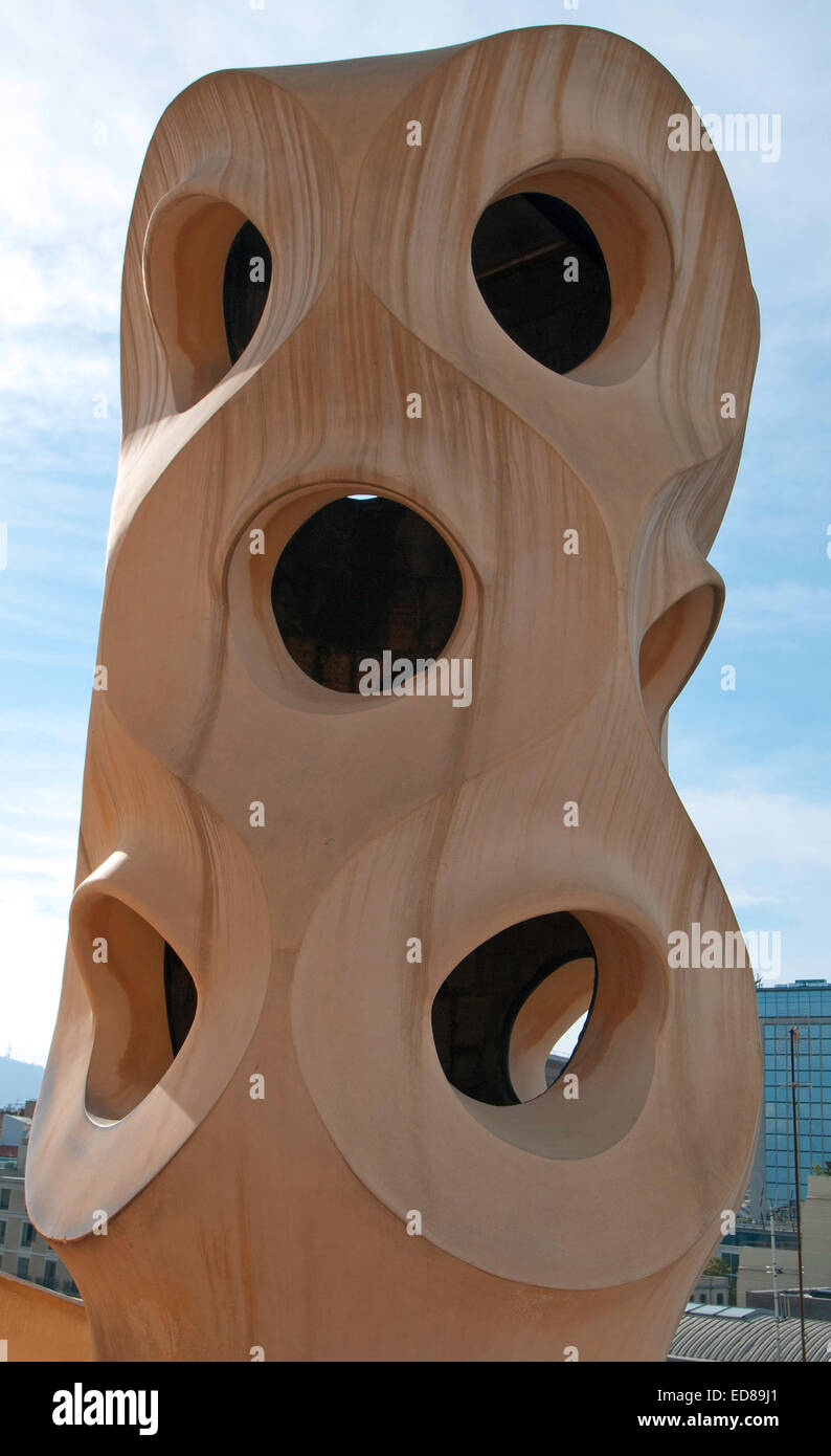 One of the unique chimneys of Casa Mila (La Pedrera), Barcelona, Spain ...