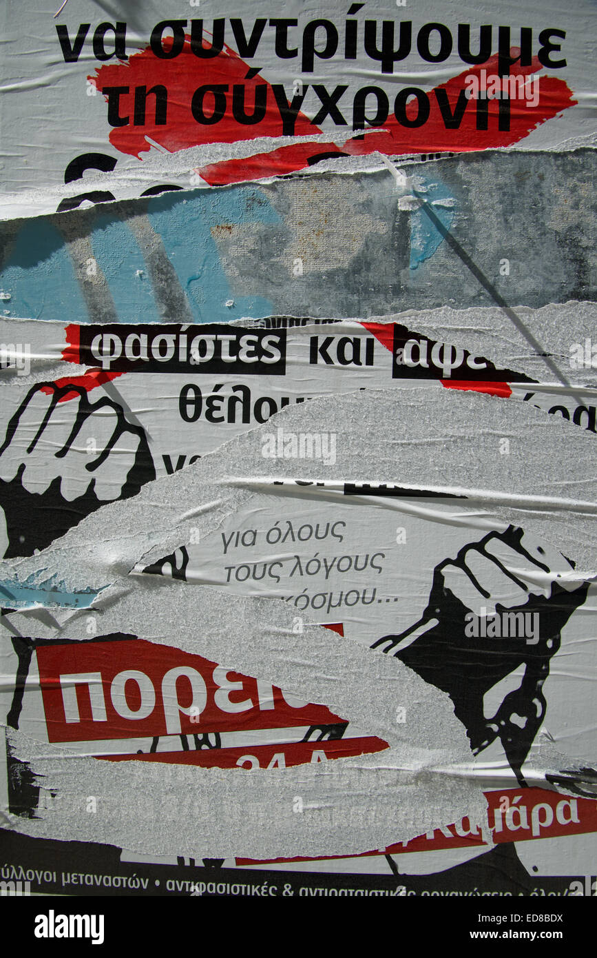 Anti-fascist political posters on wall in central Thessaloniki, Greece ...