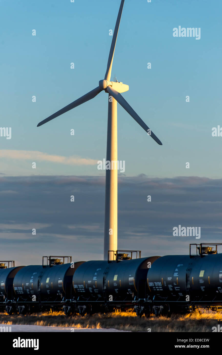 renewable energy wind turbines and oil tank rail cars Stock Photo - Alamy
