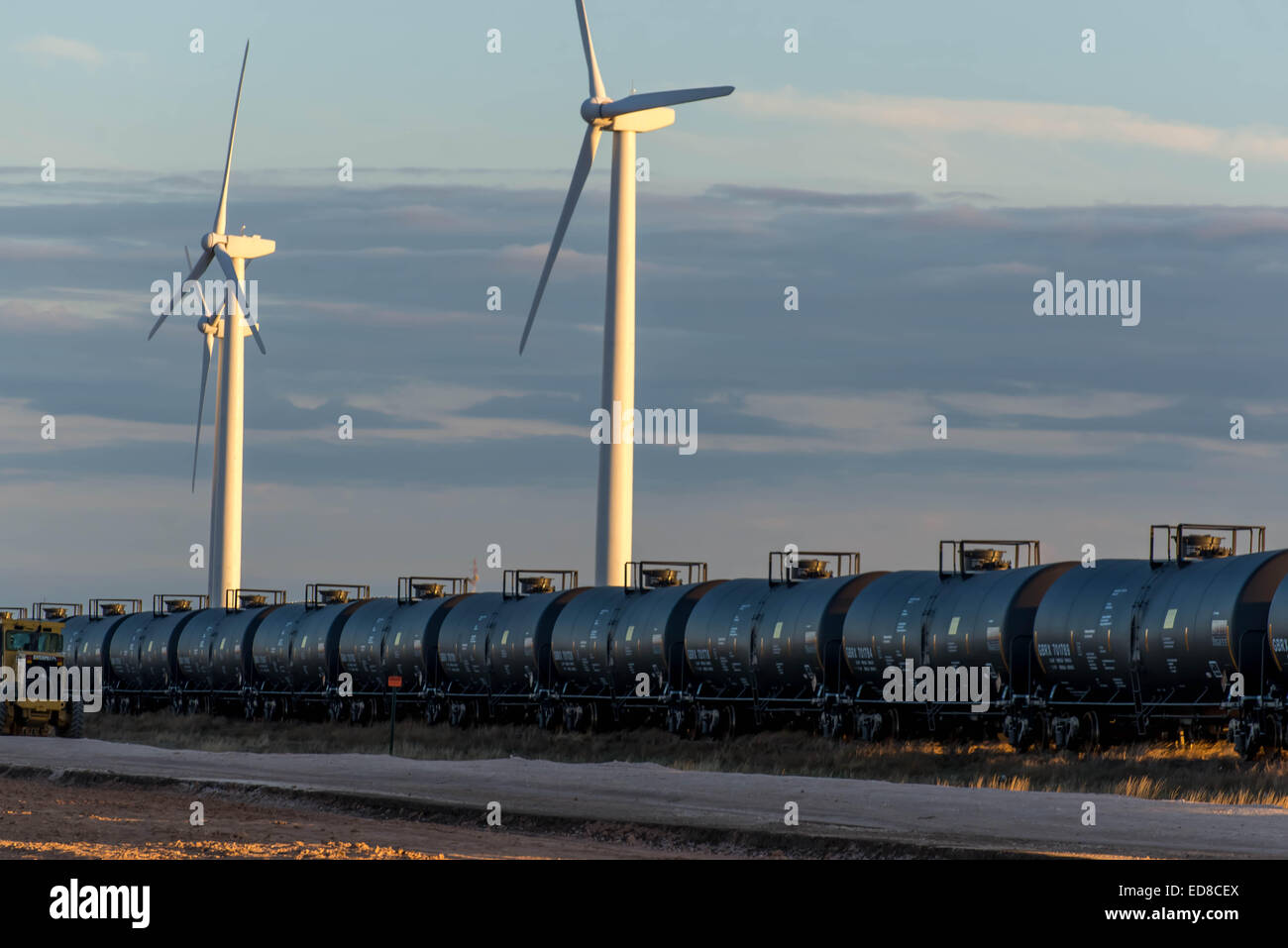 renewable energy wind turbines and oil tank rail cars Stock Photo - Alamy