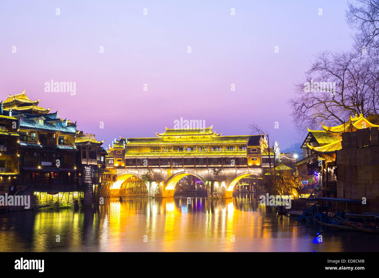 Hongqiao Bridge at Fenghuang (Phoenix) ancient town sunset duak, Hunan ...