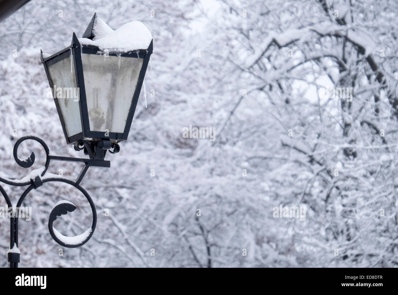 A cast iron street lamp covered in snow in a park Stock Photo - Alamy