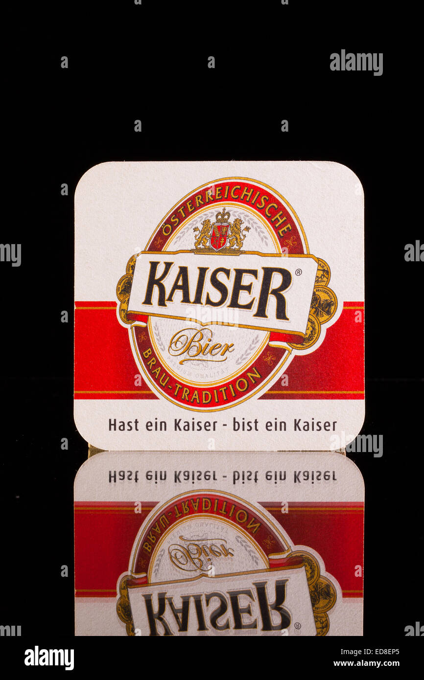 AUSTRIA,LINZ-July 7,2014: Beermat from Kaiser Beer, it is the most ...