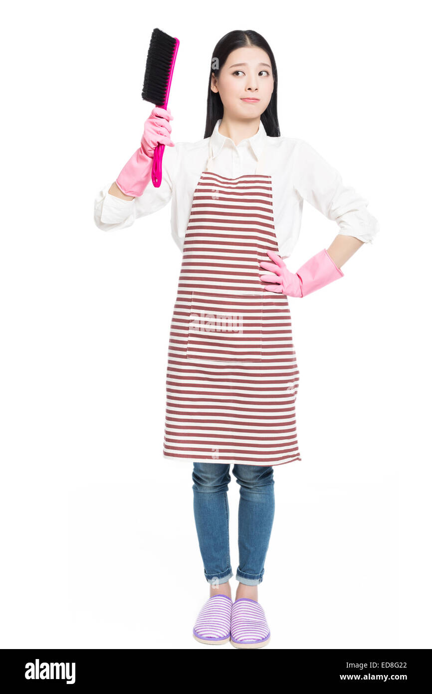 picture of beautiful woman with cleaning sweep, white background Stock ...