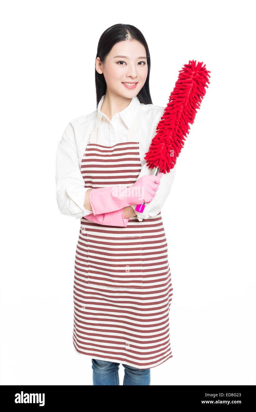 picture of beautiful woman with cleaning sweep, white background Stock ...